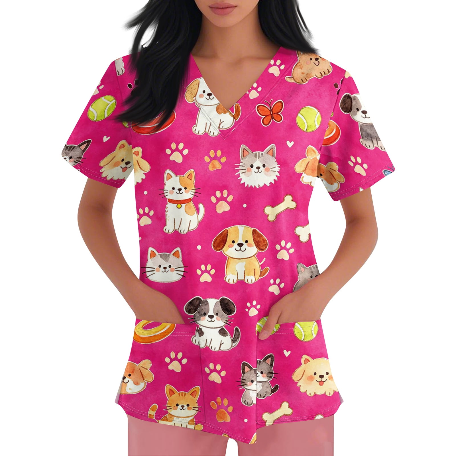 AHMOMEI S-5XL Plus Size Scrub Tops Women Stretchy Cartoon Animal Print ...