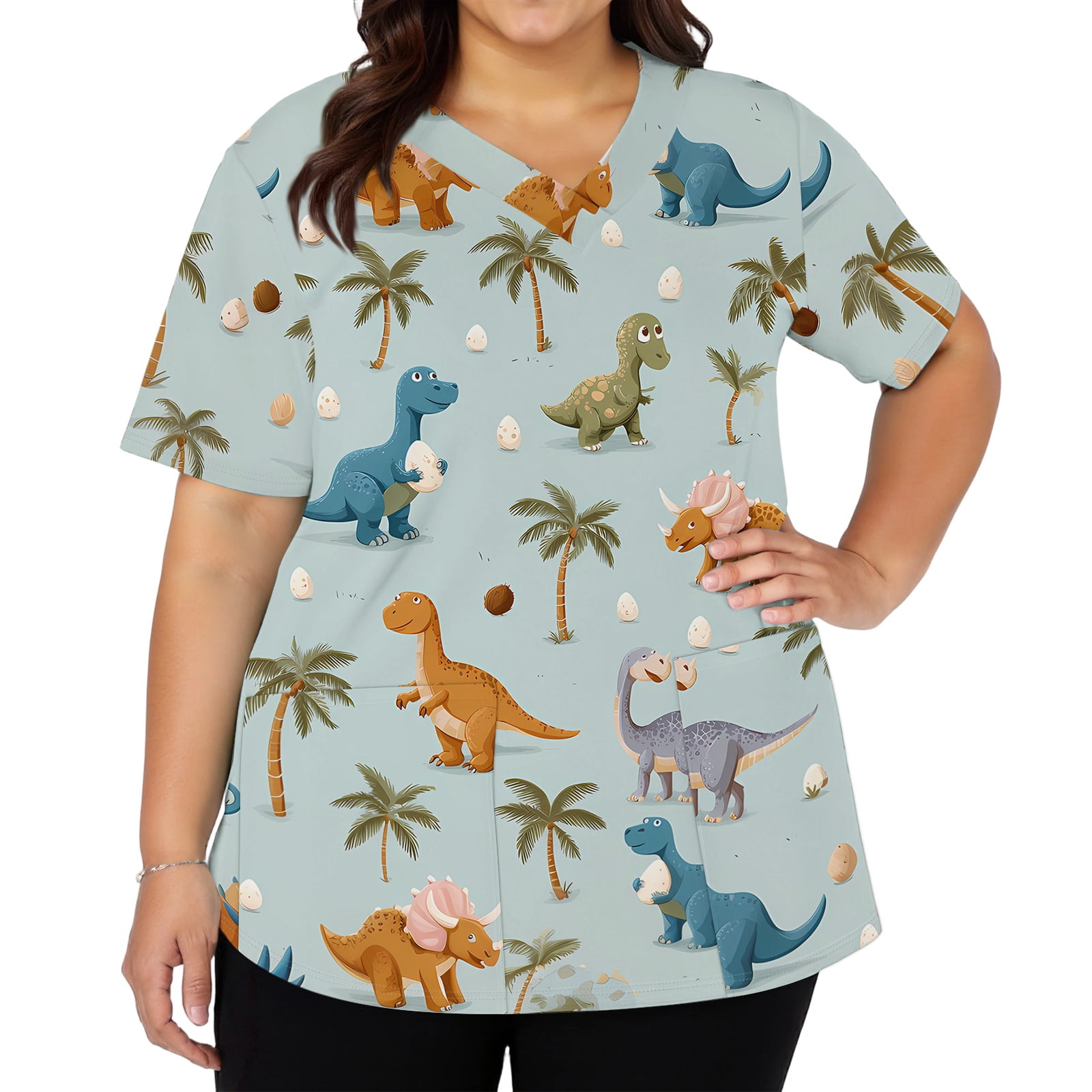 AHMOMEI S-5XL Plus Size Scrub Tops Women Stretchy Stretchy Cartoon ...