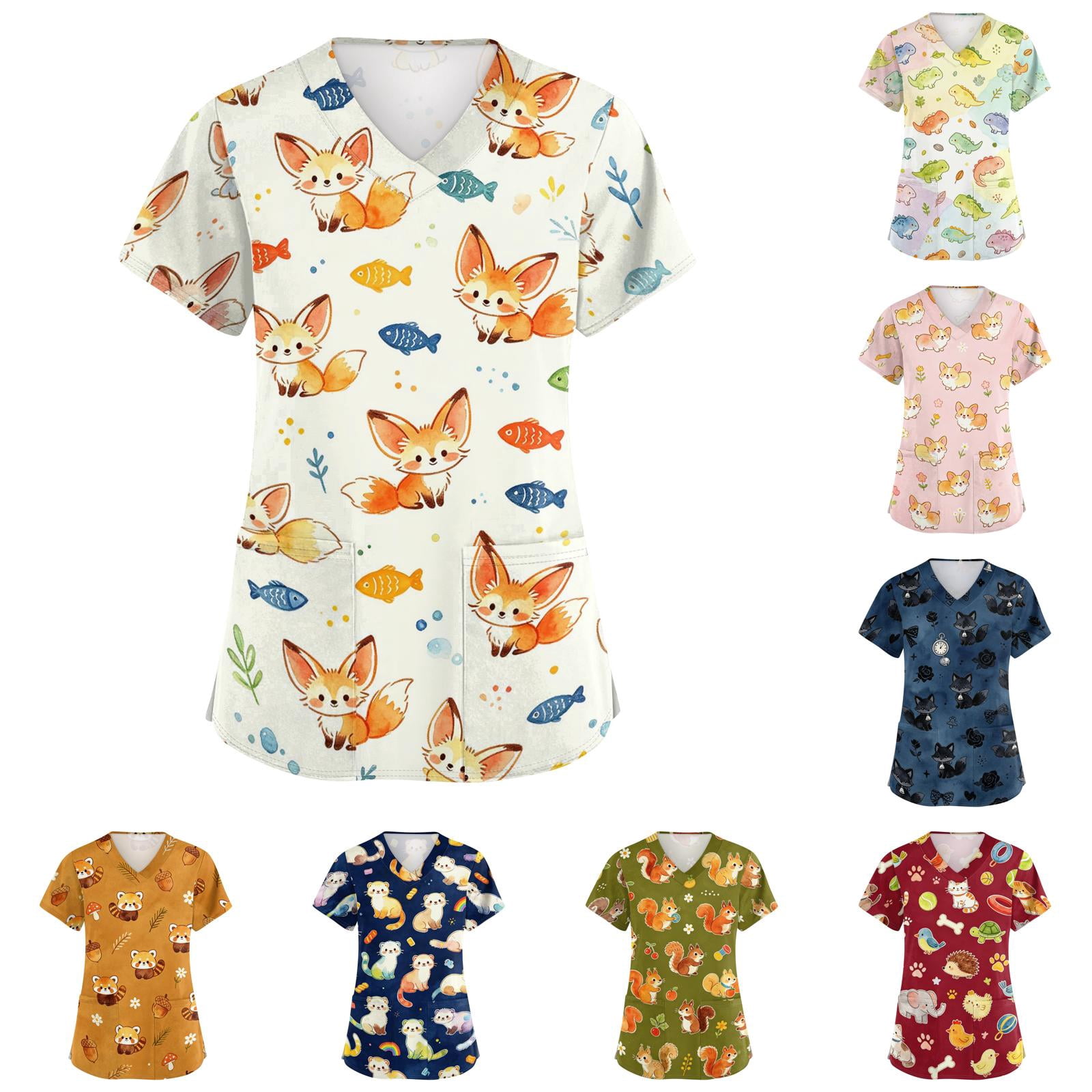 AHMOMEI S-5XL Plus Size Scrubs Top for Women Stretchy Cartoon Animal ...