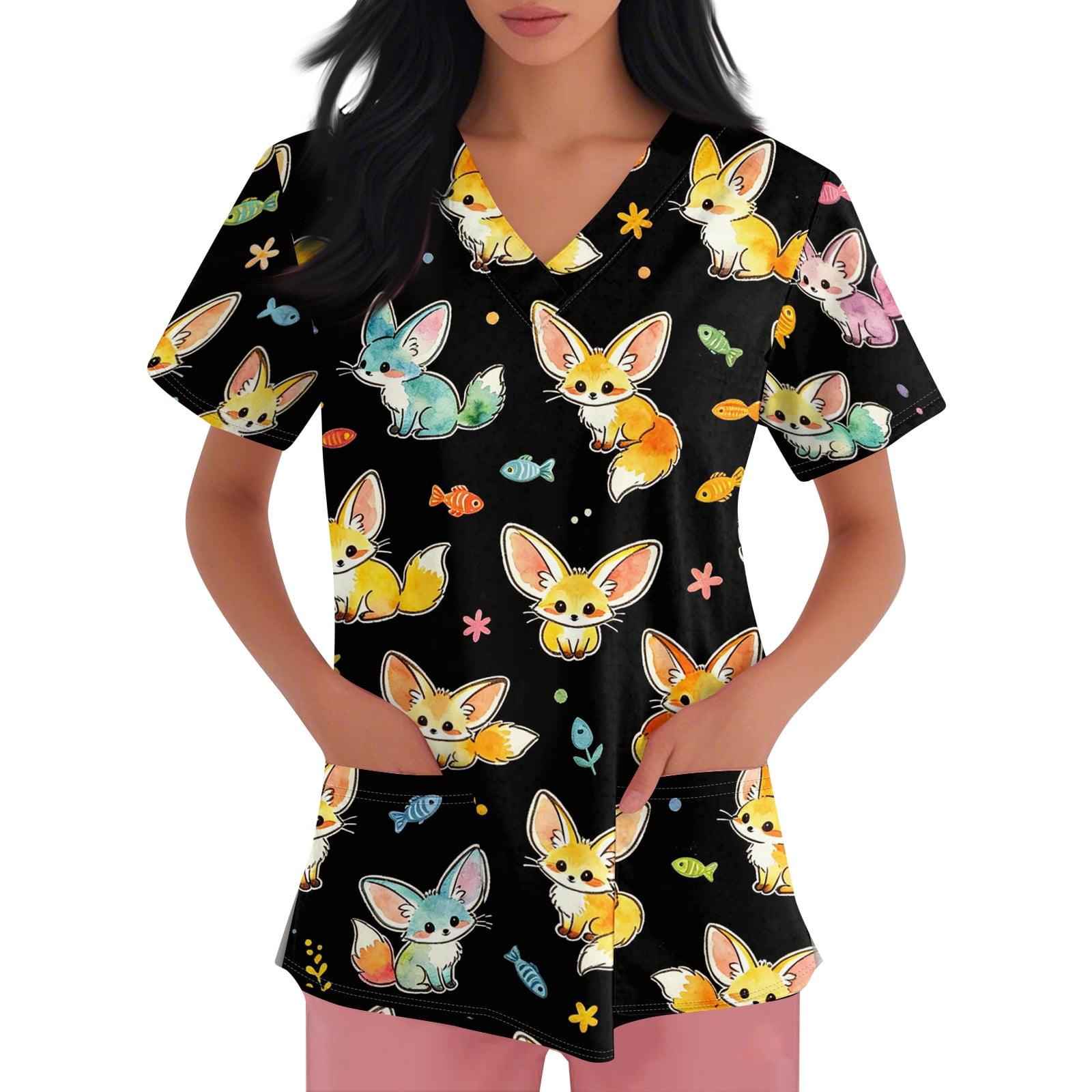 AHMOMEI S-5XL Plus Size Women Scrubs Top Stretchy Cartoon Animal Print ...