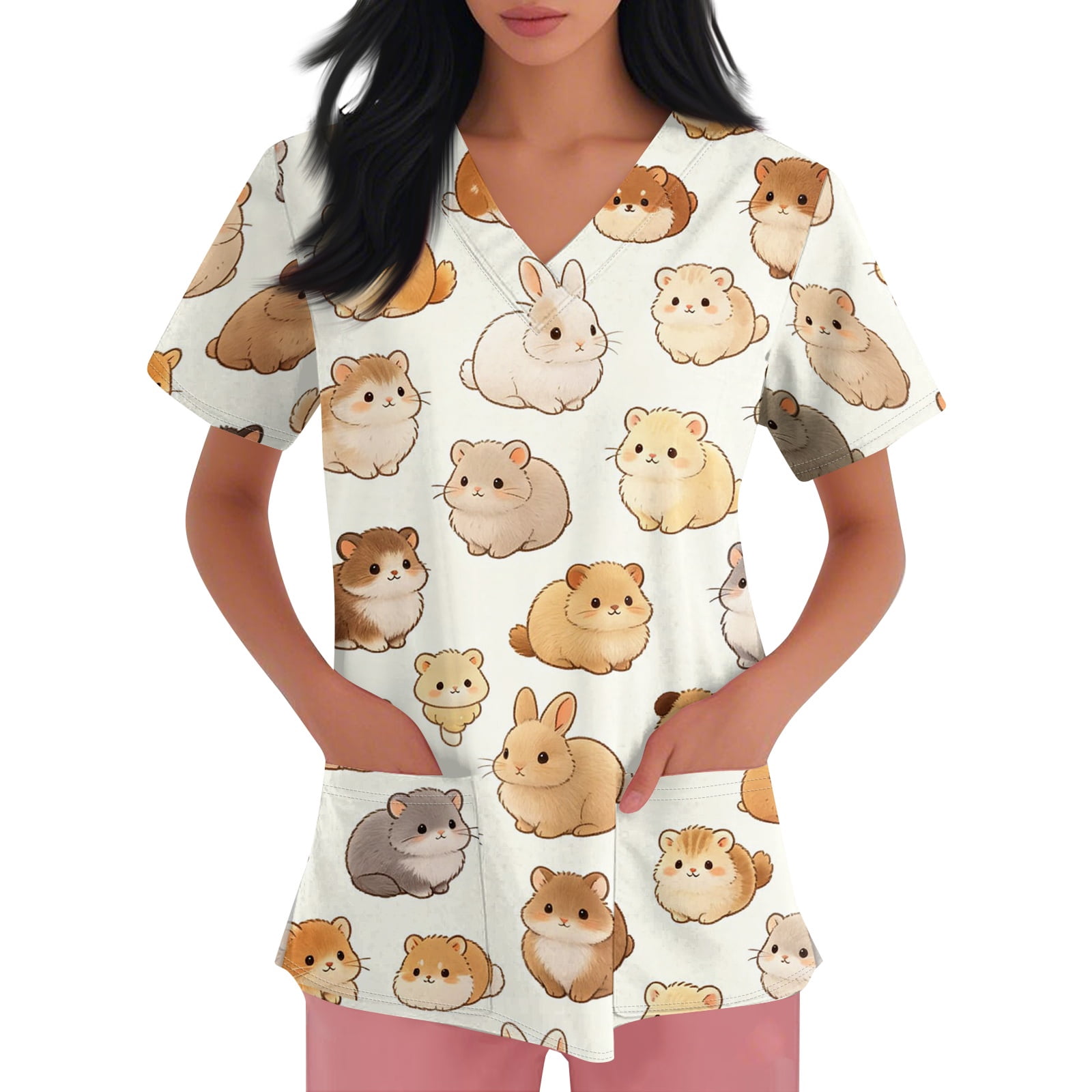 AHMOMEI S-5XL Plus Size Women's Scrub Tops Stretchy Cartoon Animal ...