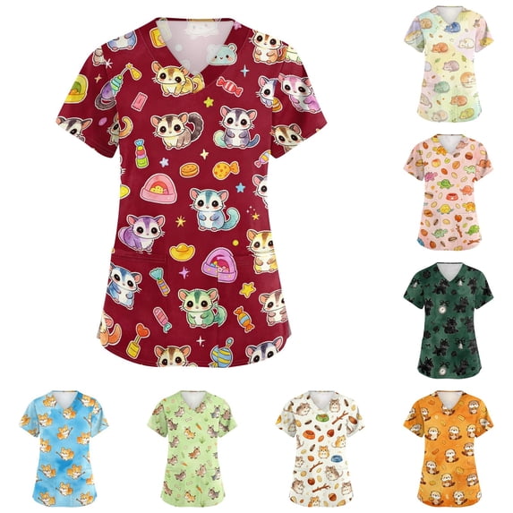 AHMOMEI S-5XL Plus Size Women's Scrub Tops Stretchy Cartoon Animal ...