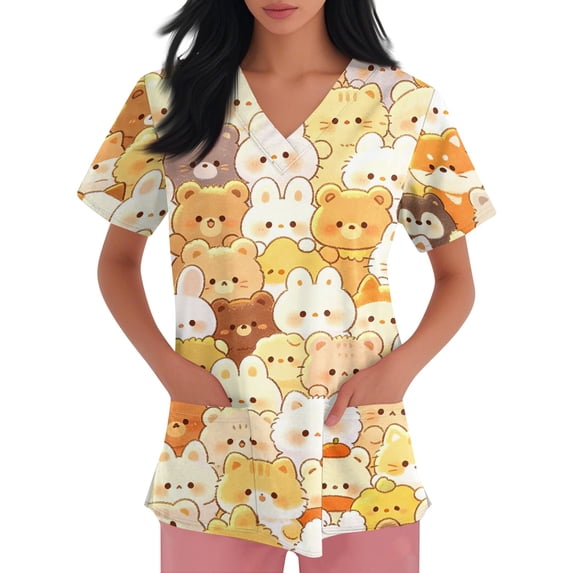 AHMOMEI S-5XL Plus Size Womens Scrub Tops Stretchy Cartoon Animal Print ...