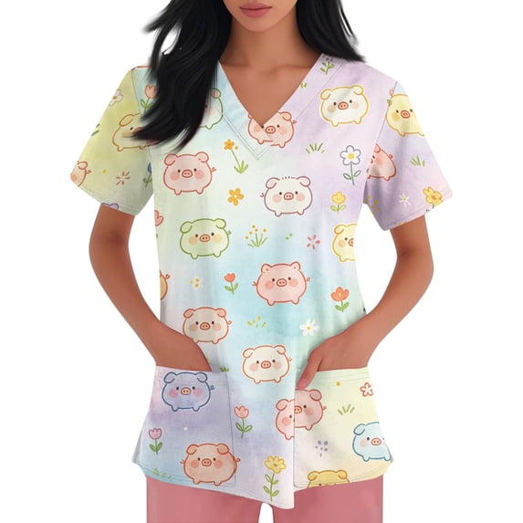 AHMOMEI S-5XL Plus Size Womens Scrub Tops Stretchy Cartoon Animal Print ...