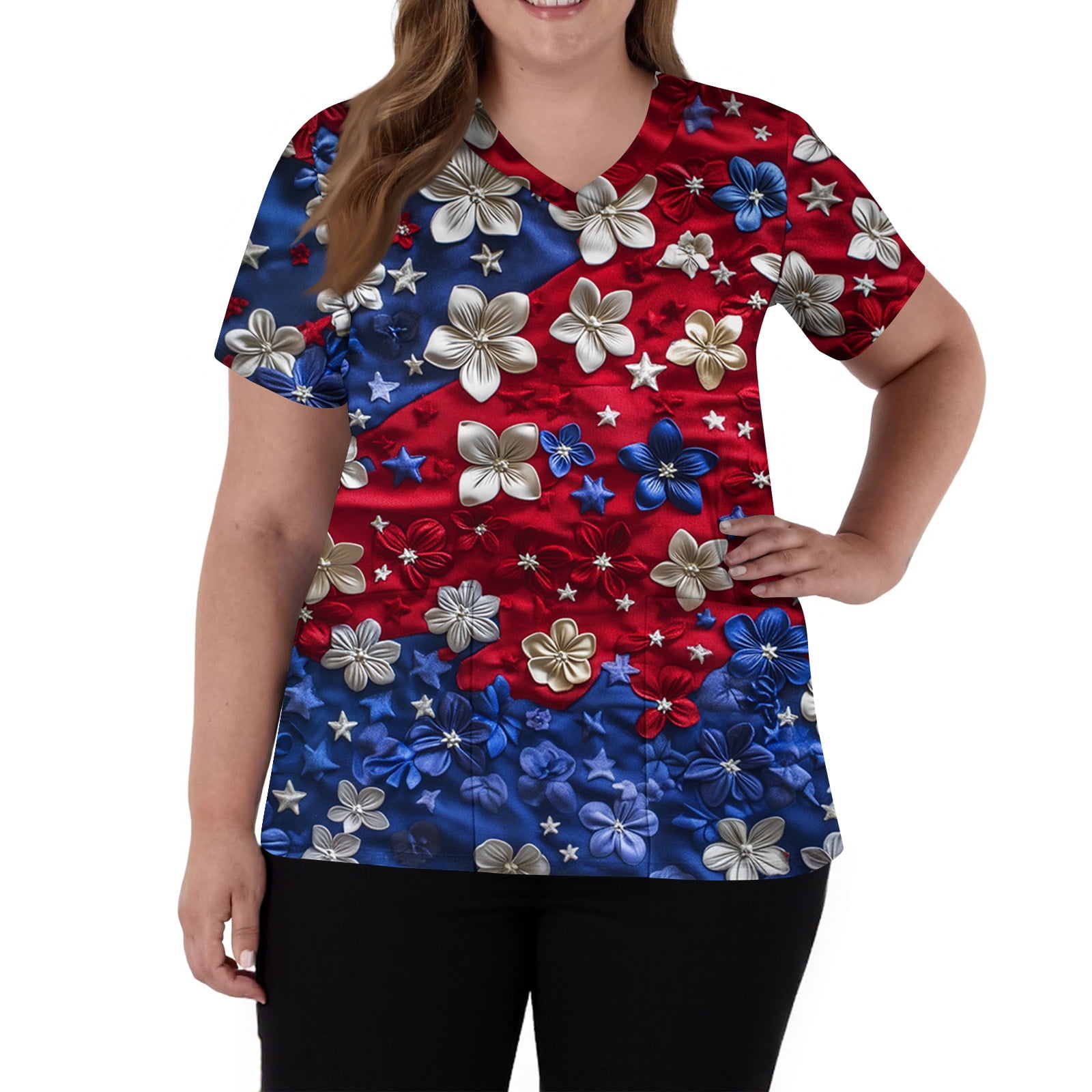 AHMOMEI S-5XL Scrub Tops Women Red White and Blue Nurses Working ...