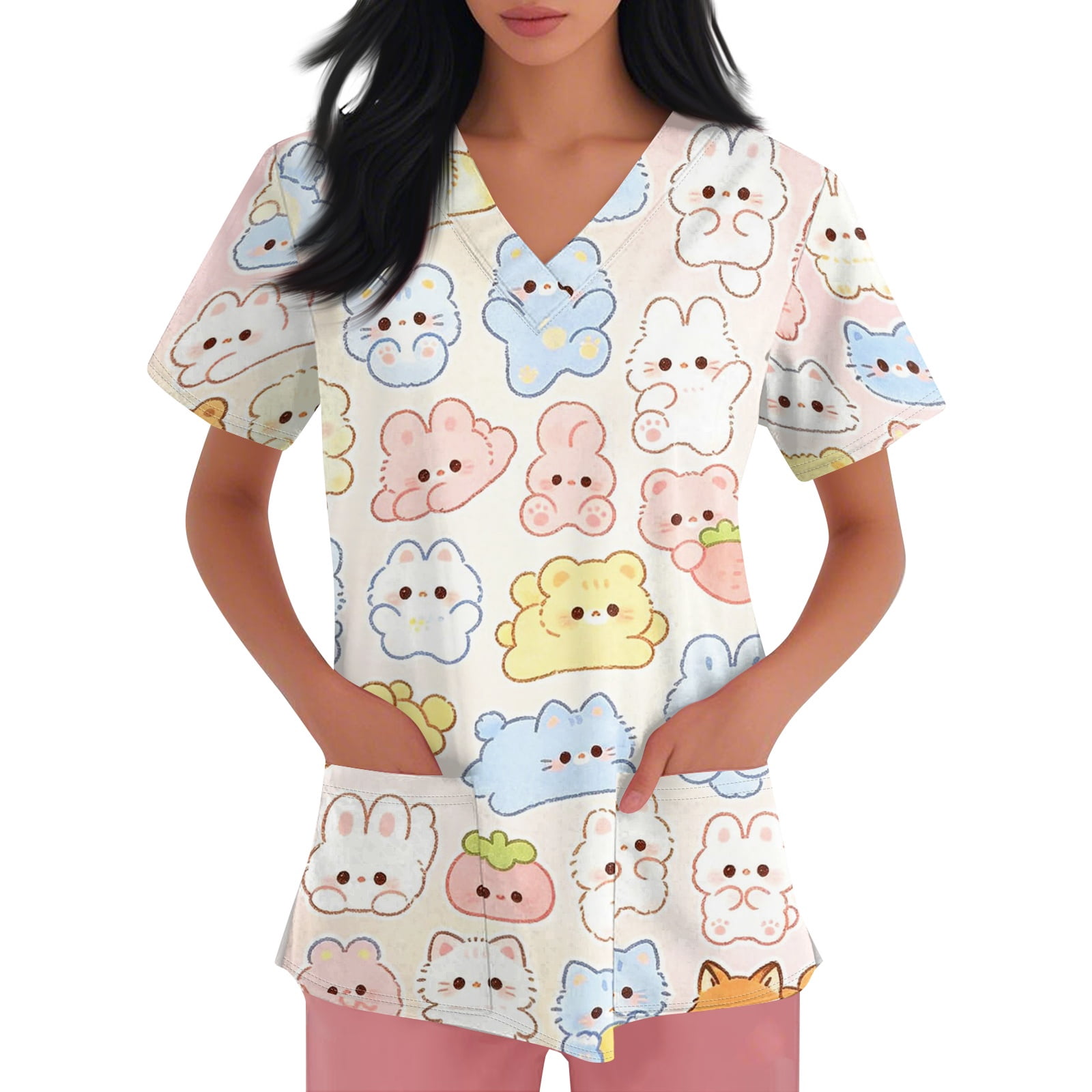 AHMOMEI Scrubs for Women Stretchy Cartoon Animal Print Scrub Shirt V ...