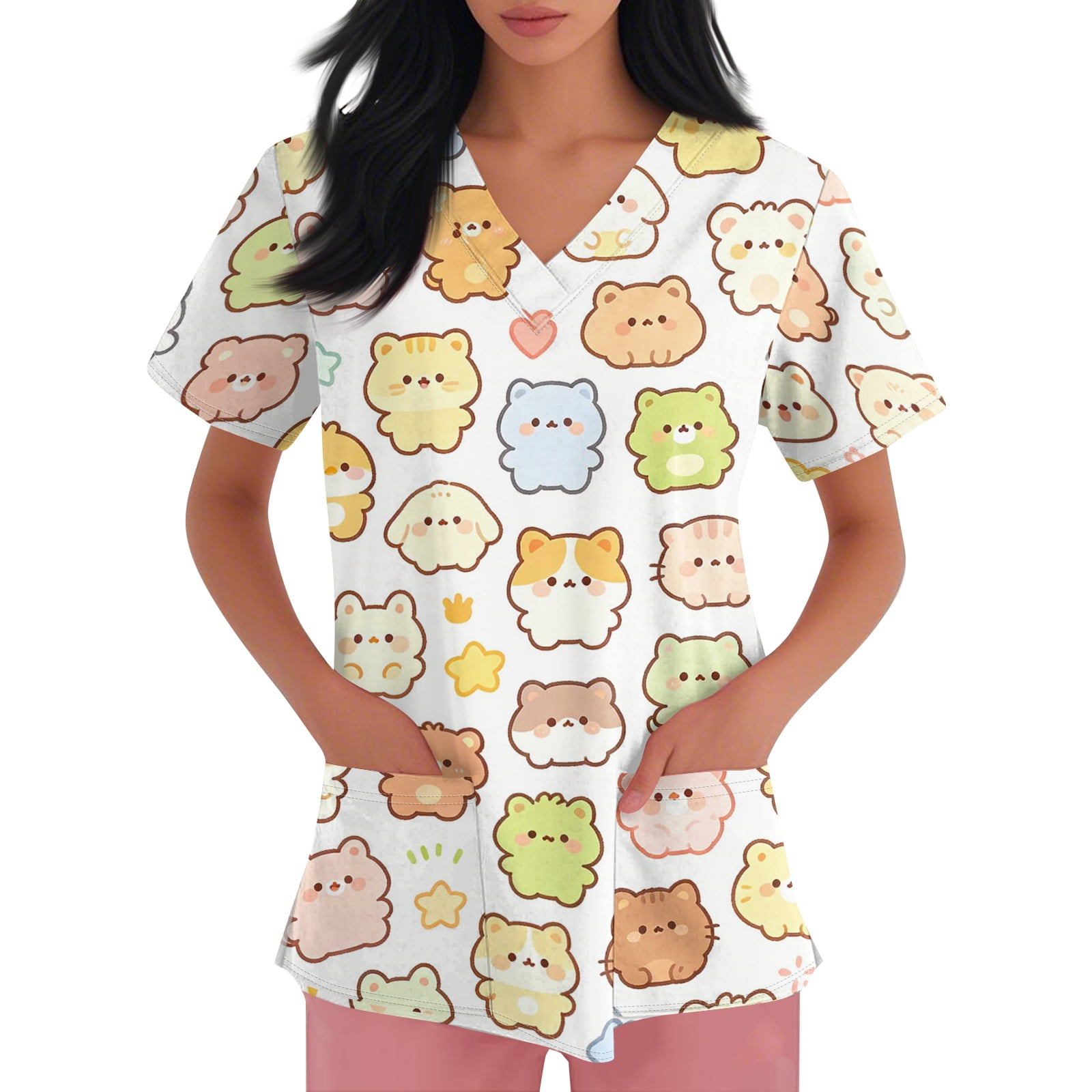 AHMOMEI Stretchy Cartoon Animal Print Scrub Shirt V Neck Short Sleeve ...
