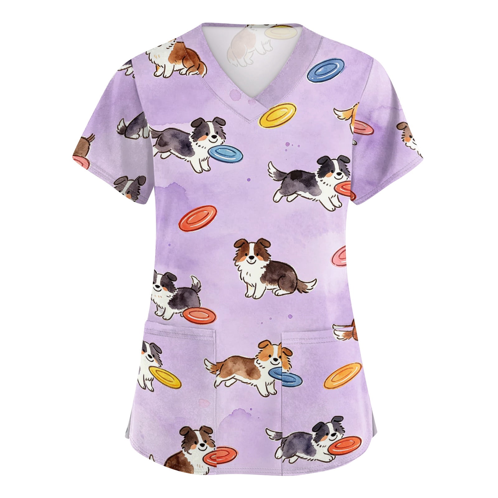 AHMOMEI Stretchy Cartoon Animal Print Scrub Shirt V Neck Short Sleeve ...