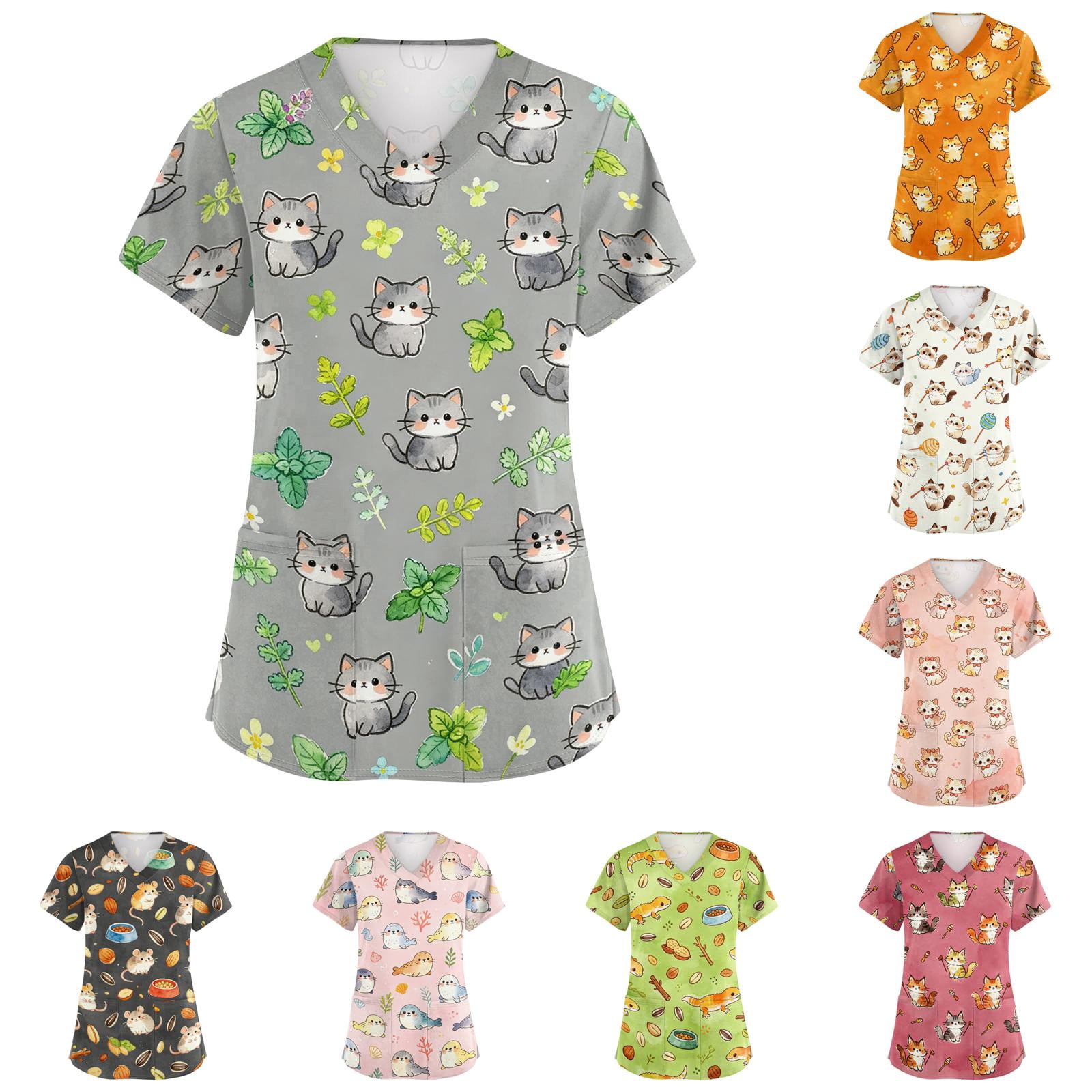 AHMOMEI Stretchy Cartoon Animal Print Scrub Shirt V Neck Short Sleeve ...