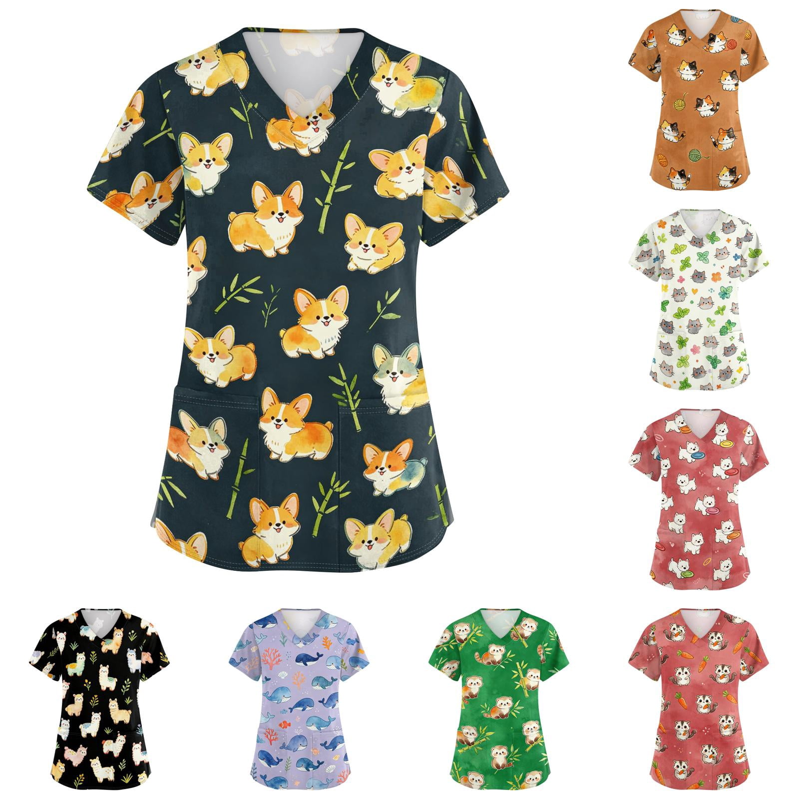 AHMOMEI Stretchy Cartoon Animal Print Scrub Tops V Neck Short Sleeve ...