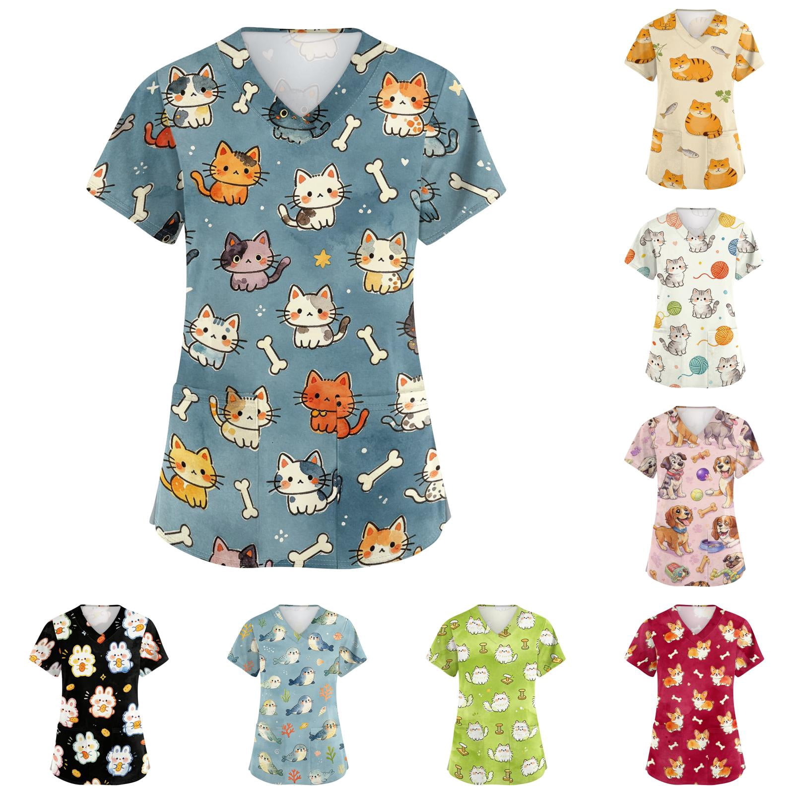 AHMOMEI Stretchy Cartoon Animal Print Scrub Tops V Neck Short Sleeve ...