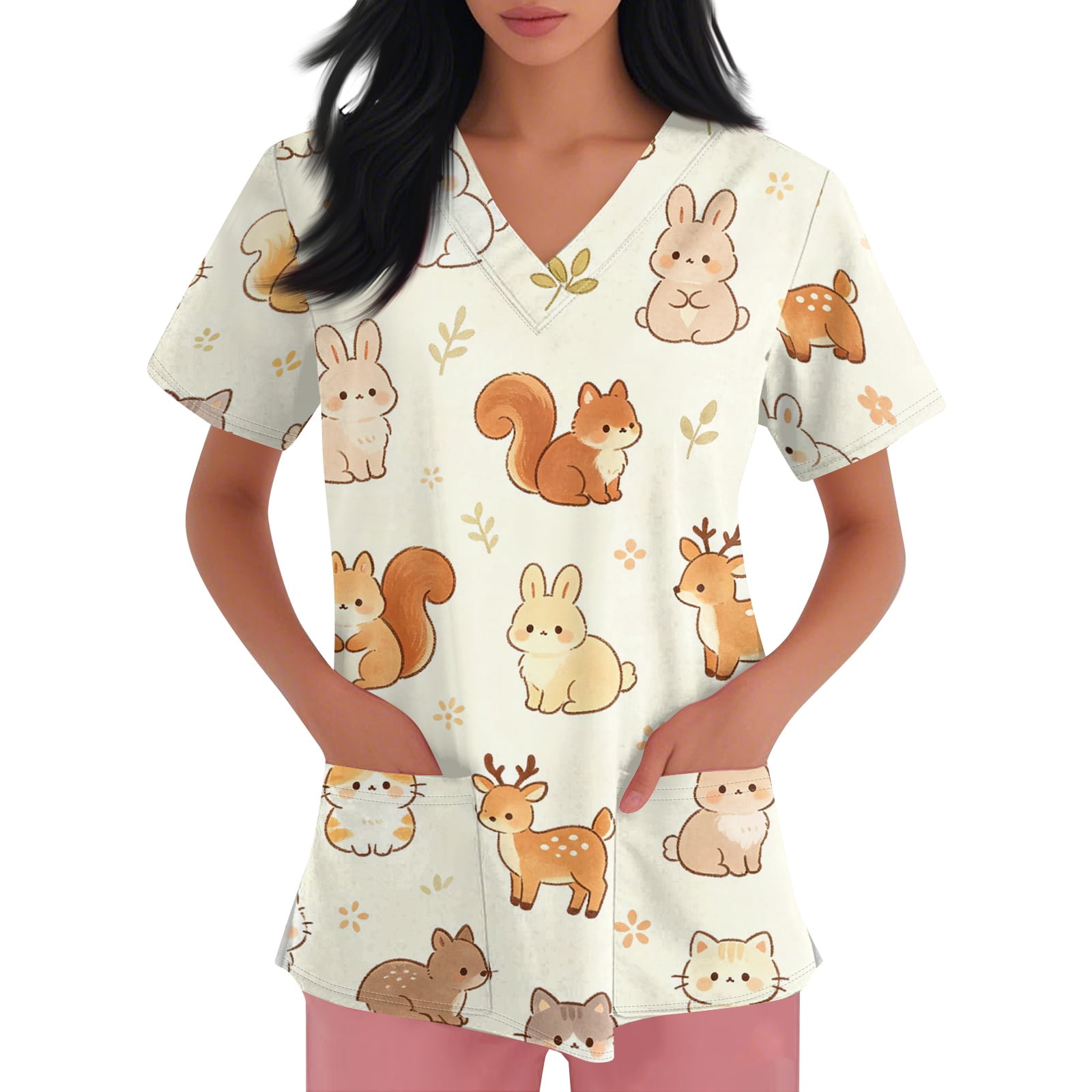 AHMOMEI Stretchy Cartoon Animal Print Scrub Tops V Neck Short Sleeve ...