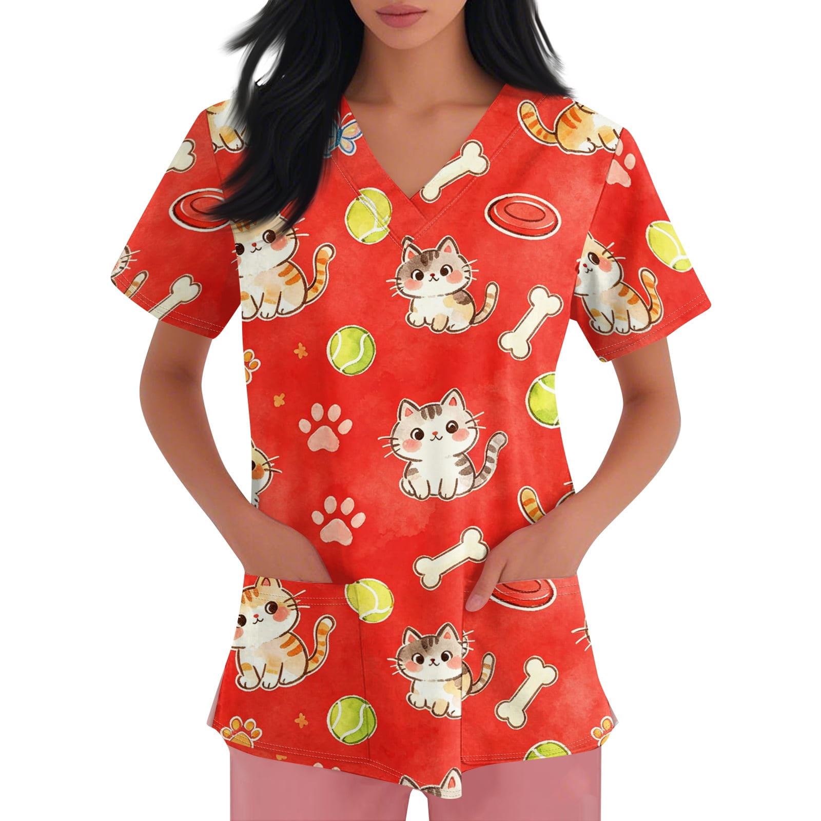 AHMOMEI Stretchy Cartoon Animal Print Scrubs Top V Neck Short Sleeve ...