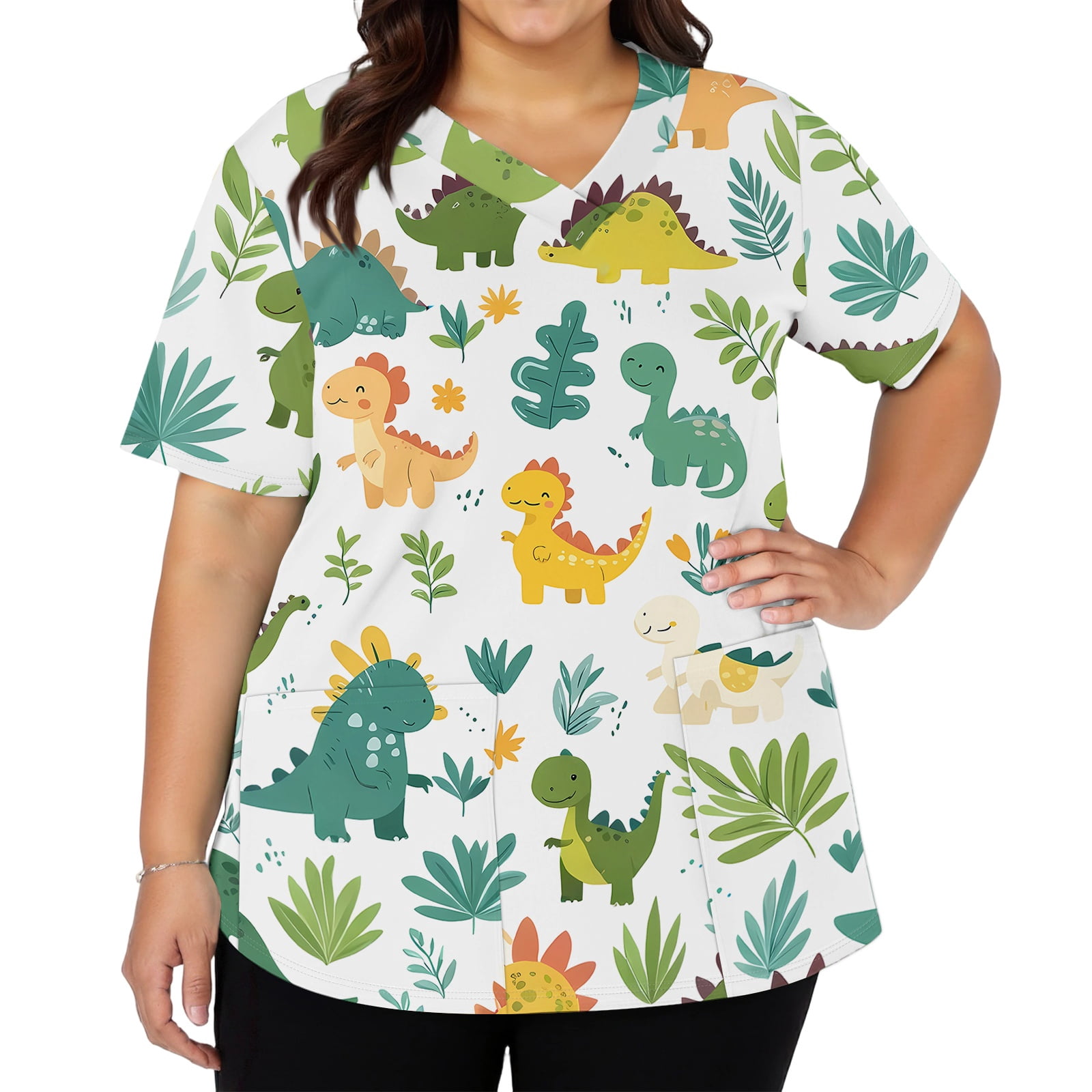 AHMOMEI Stretchy Cartoon Animal Print Scrubs Top V Neck Short Sleeve ...