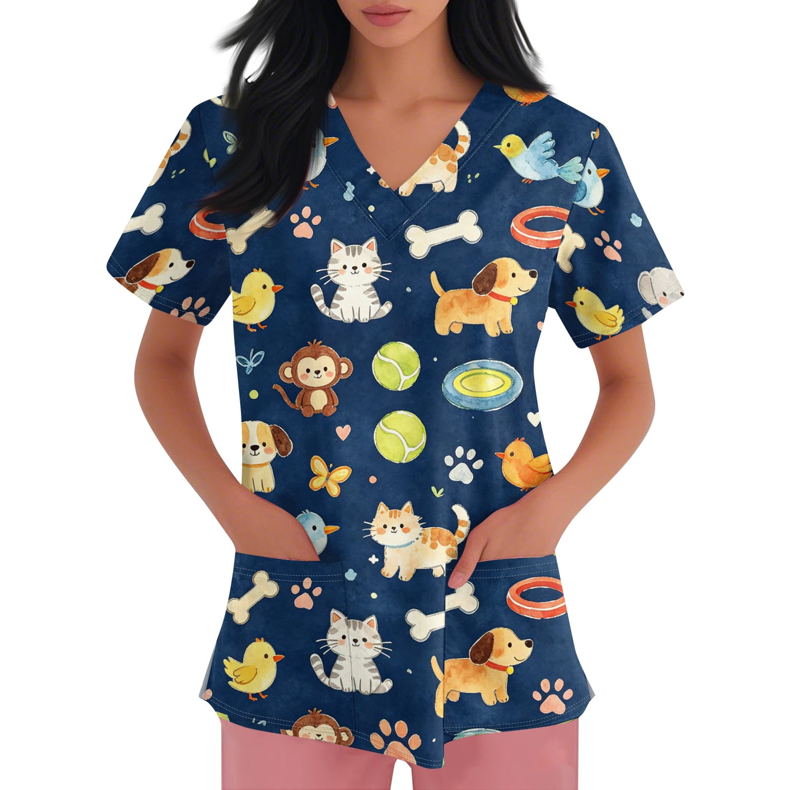 AHMOMEI Stretchy Cartoon Animal Print Womens Scrubs V Neck Short Sleeve ...