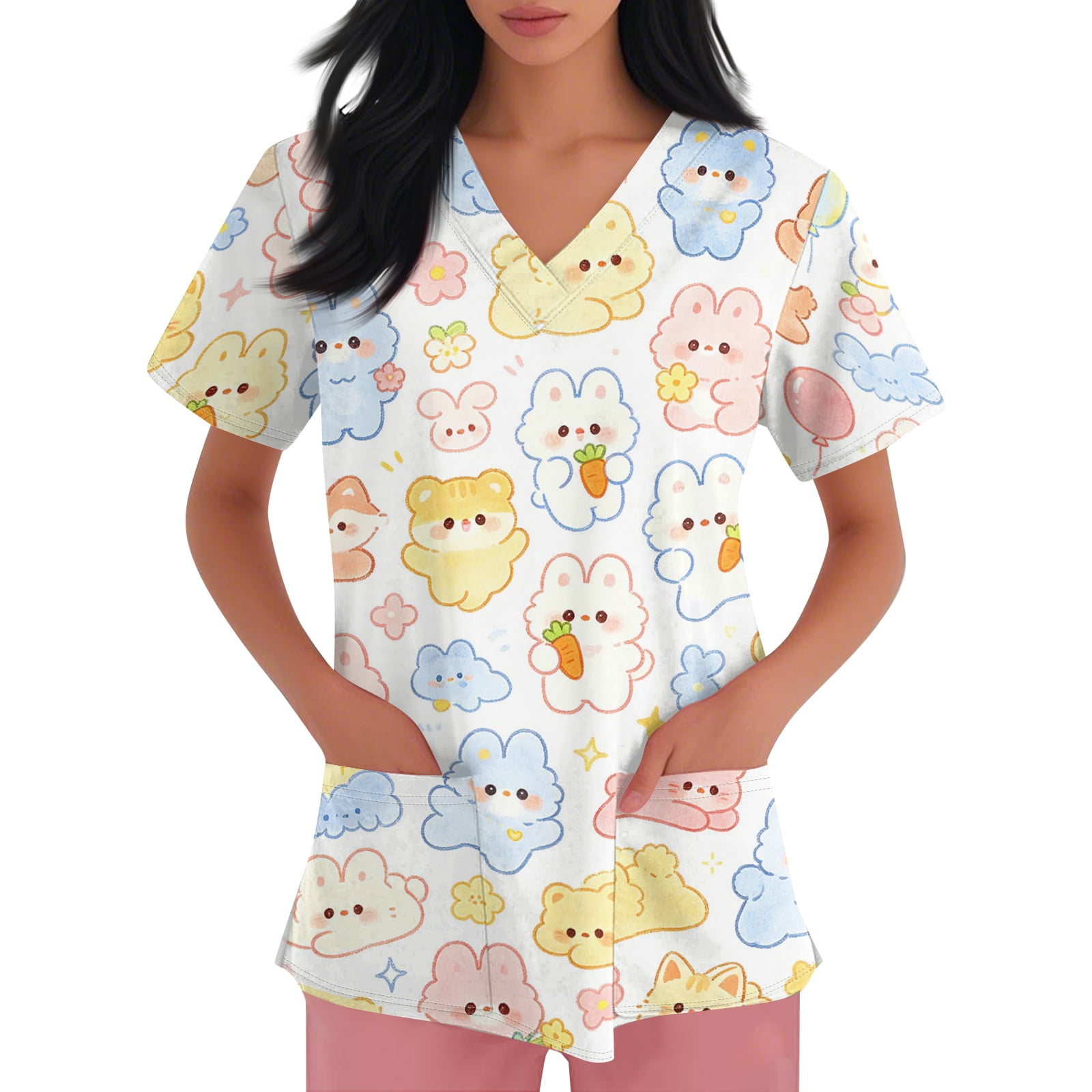 AHMOMEI Stretchy Cartoon Animal Print Womens Scrubs V Neck Short Sleeve ...