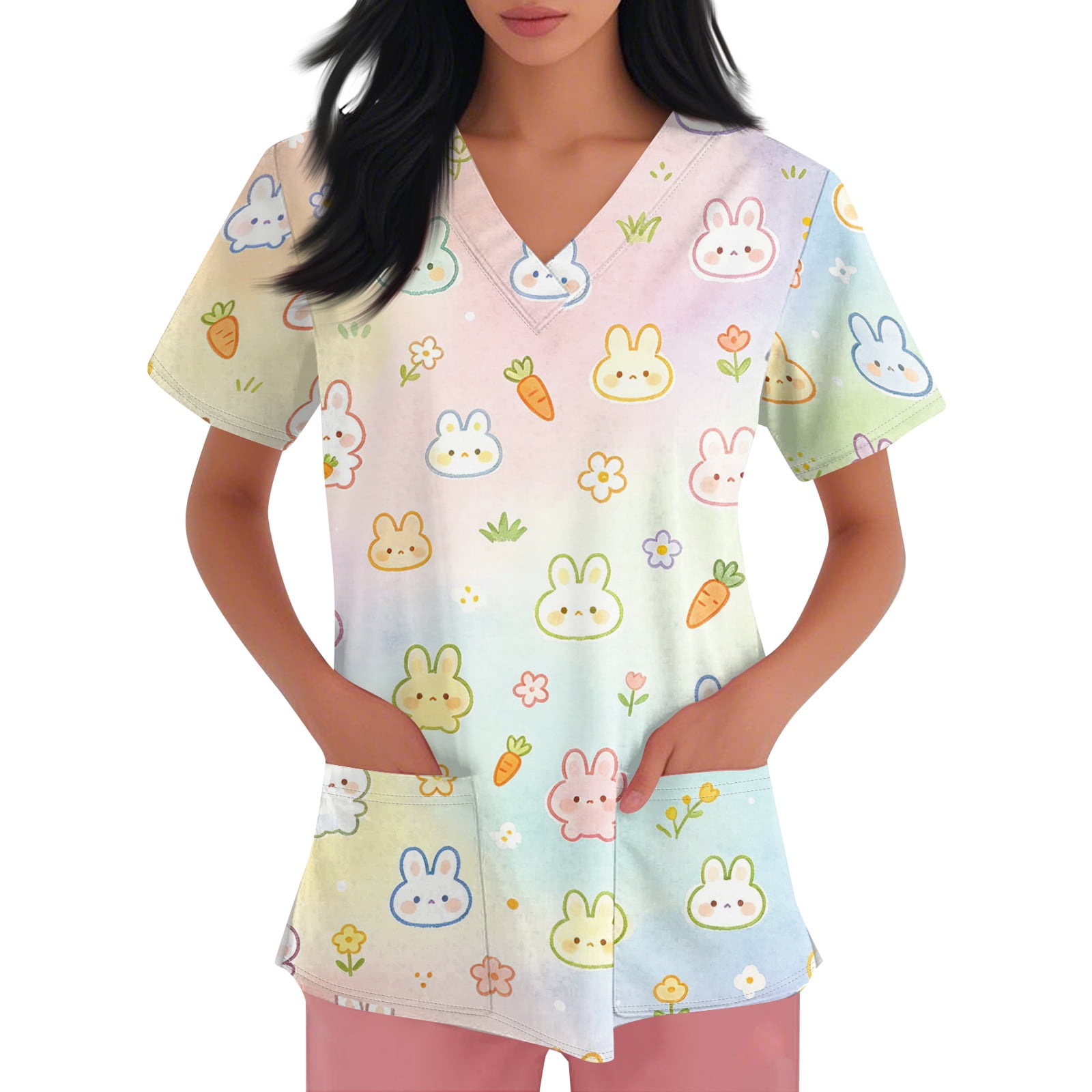 AHMOMEI Stretchy Cartoon Animal Print Womens Scrubs V Neck Short Sleeve ...