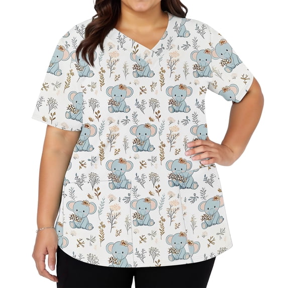AHMOMEI Stretchy Cartoon Animal Print Womens Scrubs V Neck Short Sleeve ...