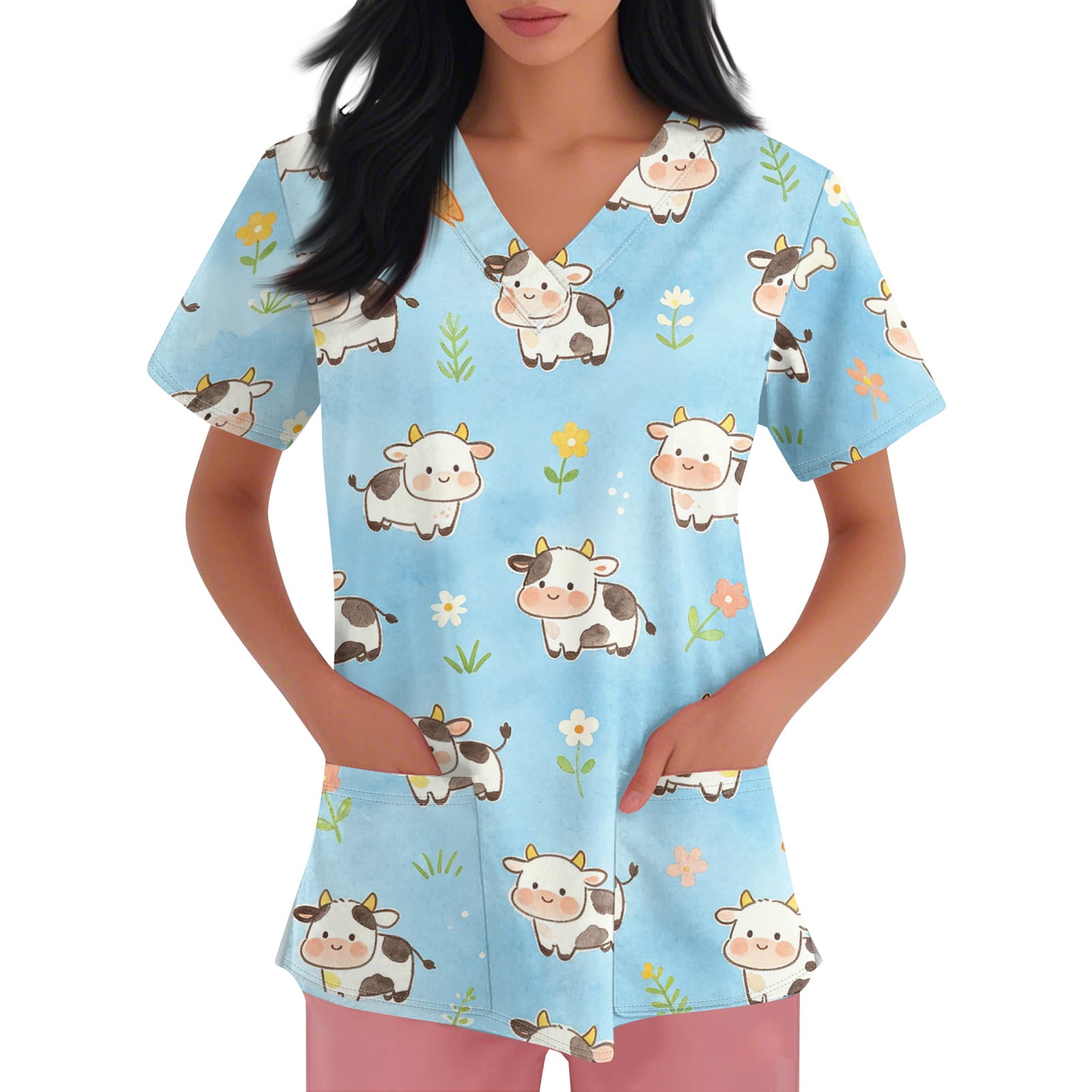 AHMOMEI Stretchy Cartoon Animal Print Womens Scrubs V Neck Short Sleeve ...