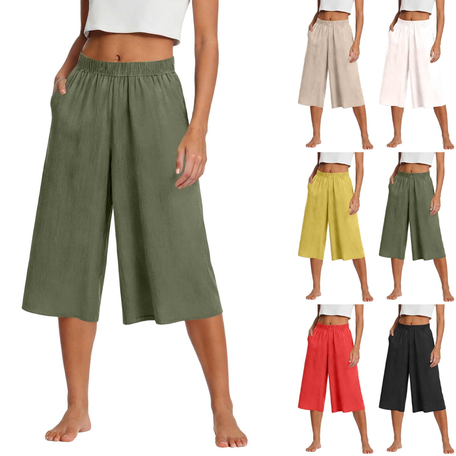 AHMOMEI White Linen Capris for Women High Waist Wide Leg Plus Size ...