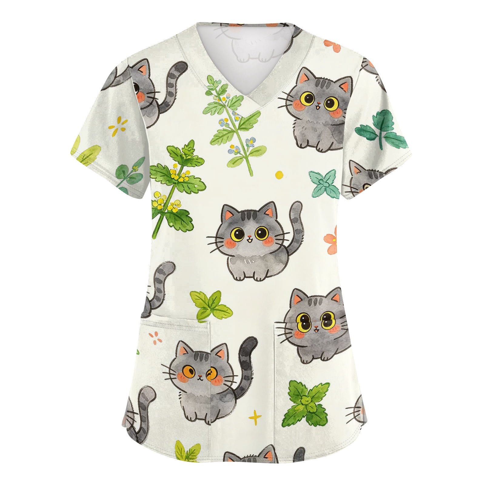 AHMOMEI Women Scrub Top Stretchy Cartoon Animal Print Scrub Shirt V ...