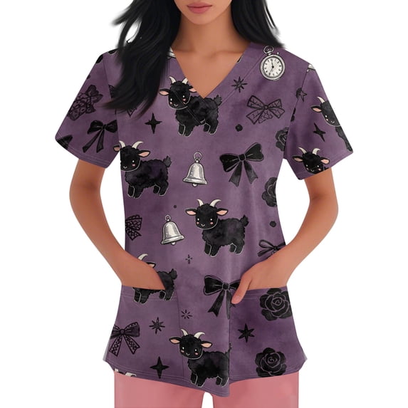 AHMOMEI Women Scrub Tops Stretchy Cartoon Animal Print Womens Scrubs V ...
