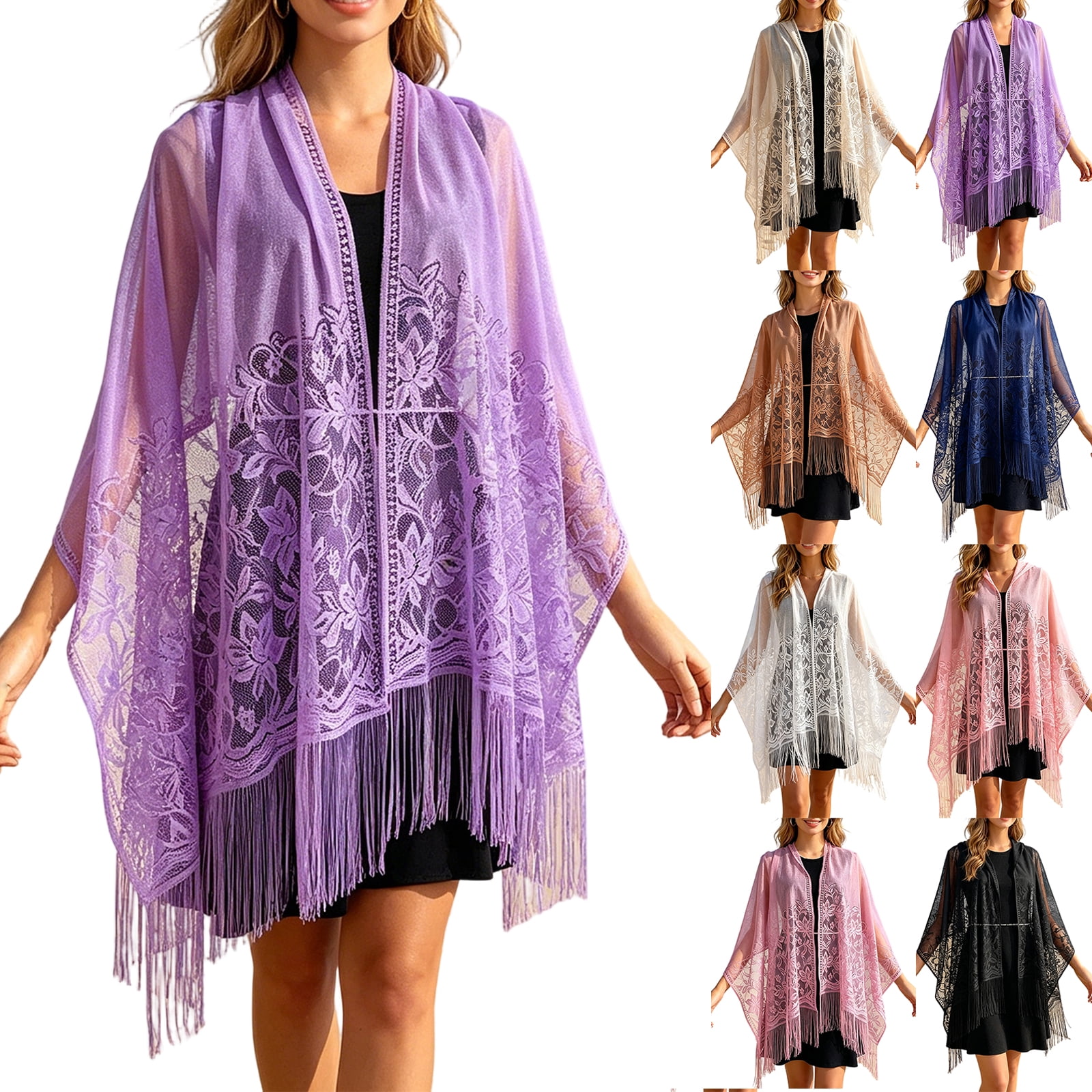 AHMOMEI Women’s Floral Lace Tassel Shawl Wrap, Sheer Open Front Fringed ...