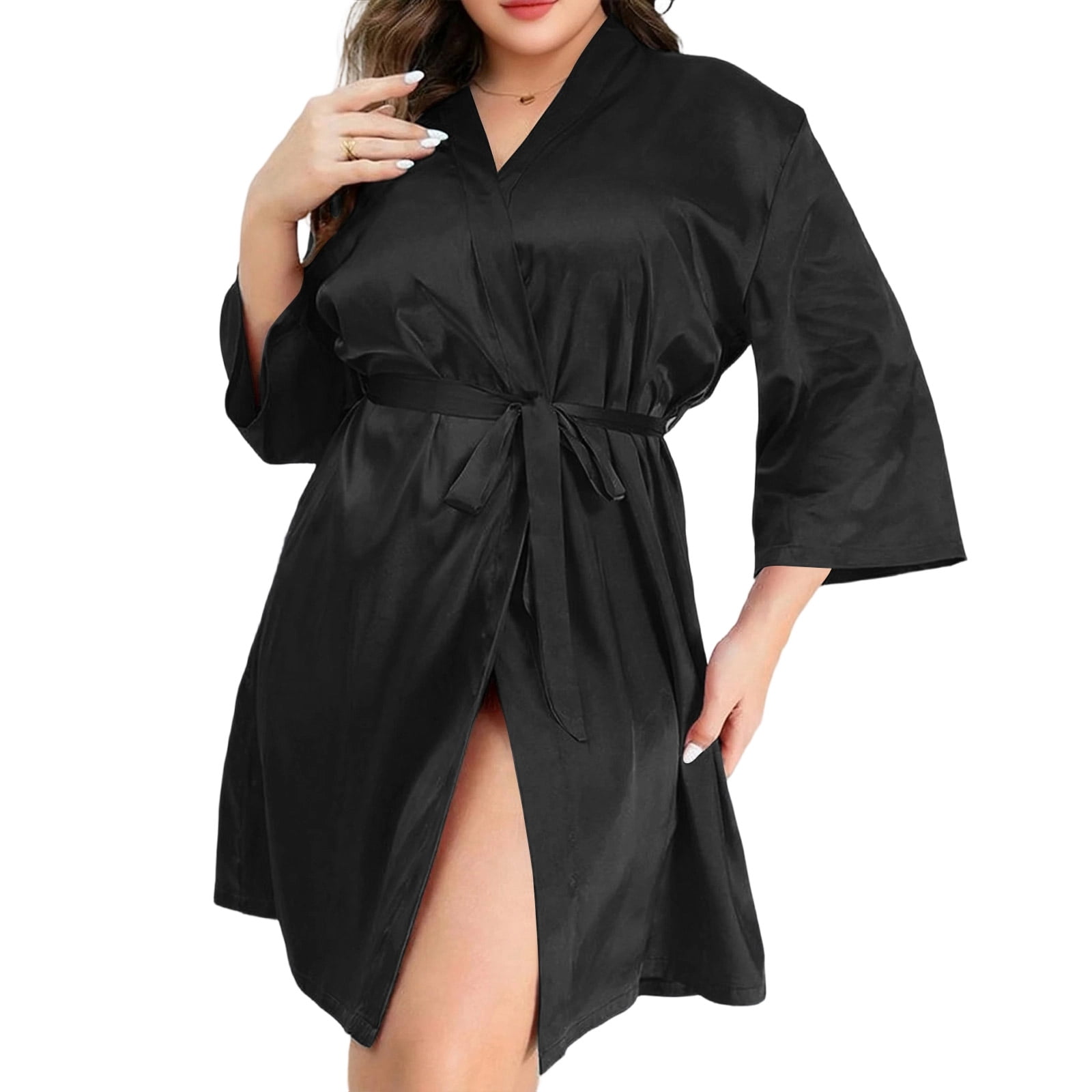 AHMOMEI Women's Plus Size Satin Robe, 3/4 Sleeve V-Neck Kimono Bathrobe ...