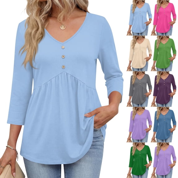 AHMOMEI Womens 3/4 Sleeve Shirts Pleated V Neck Button Women's Blouses ...