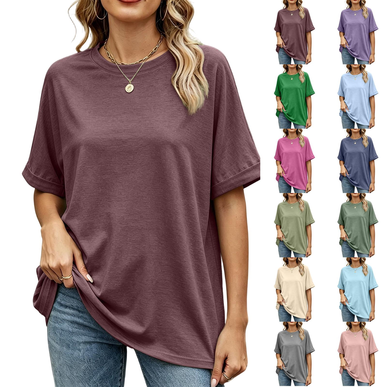 AHMOMEI Womens Plus Size Tops Crew Neck Women's Short Sleeve Shirts ...