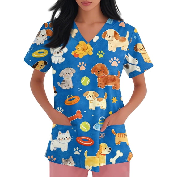 AHMOMEI Womens Scrub Top Stretchy Cartoon Animal Print Scrub Tops V ...