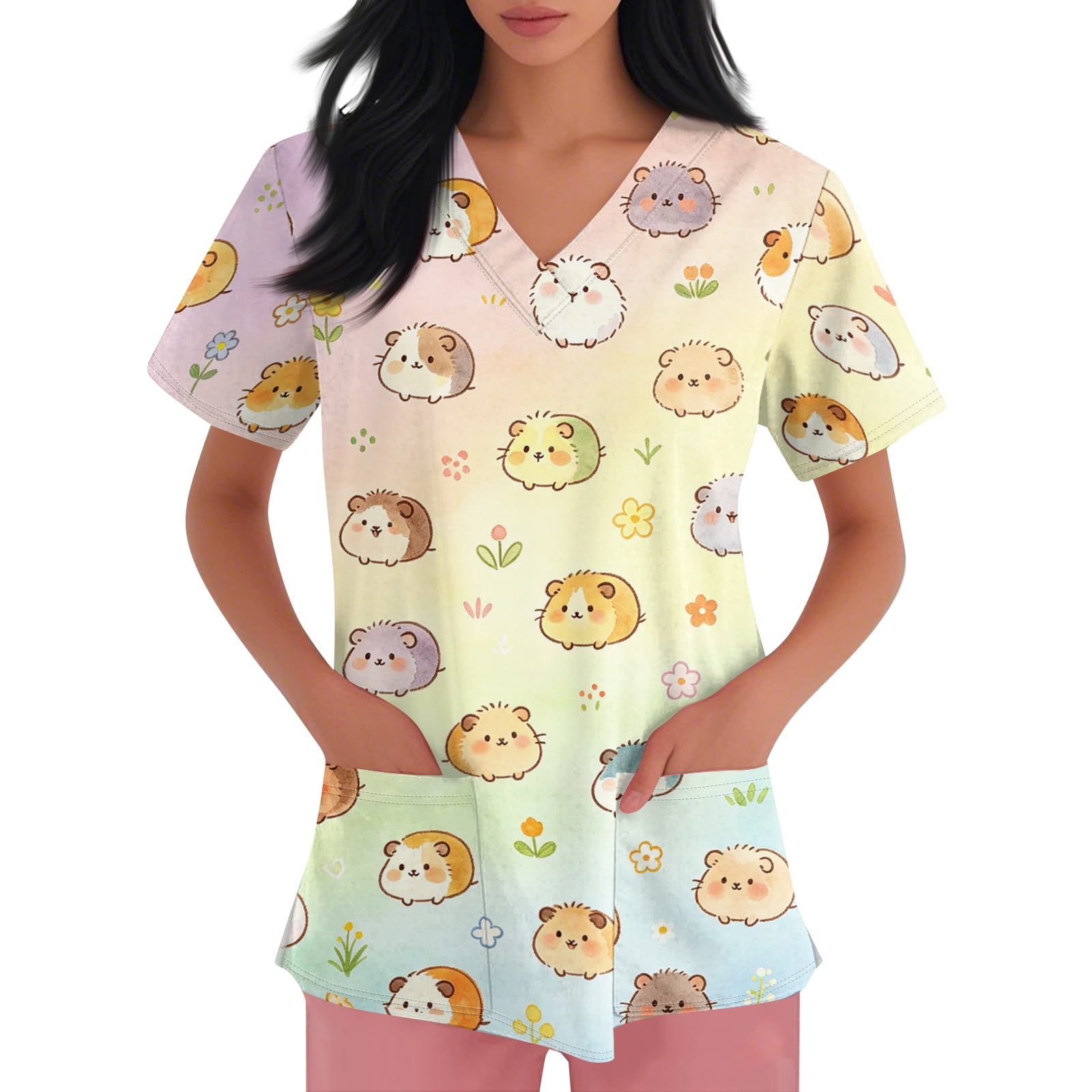 AHMOMEI Womens Scrubs Stretchy Cartoon Animal Print Scrub Shirt V Neck ...