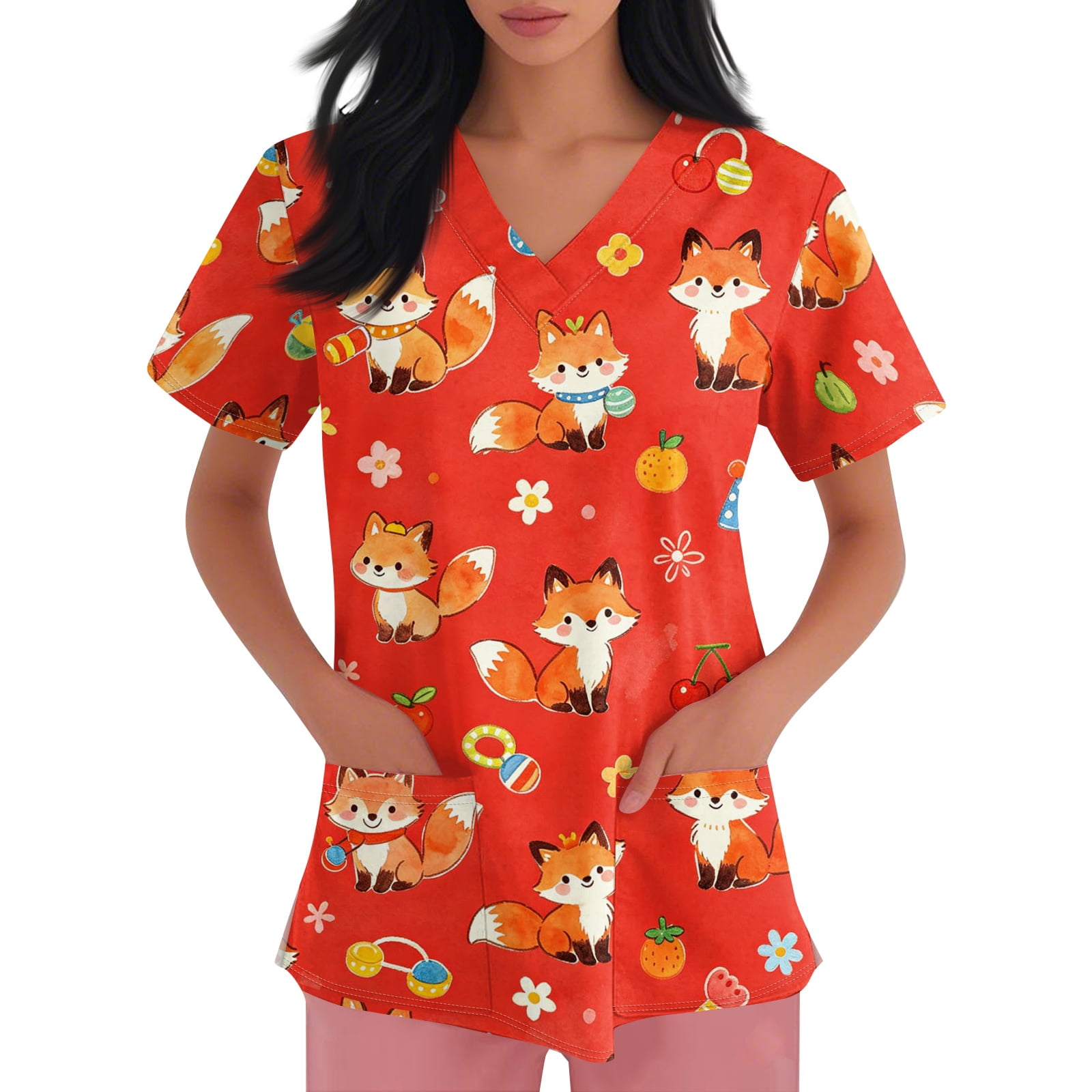 AHMOMEI Womens Scrubs Top Workwear Stretchy Cartoon Animal Print Scrub ...