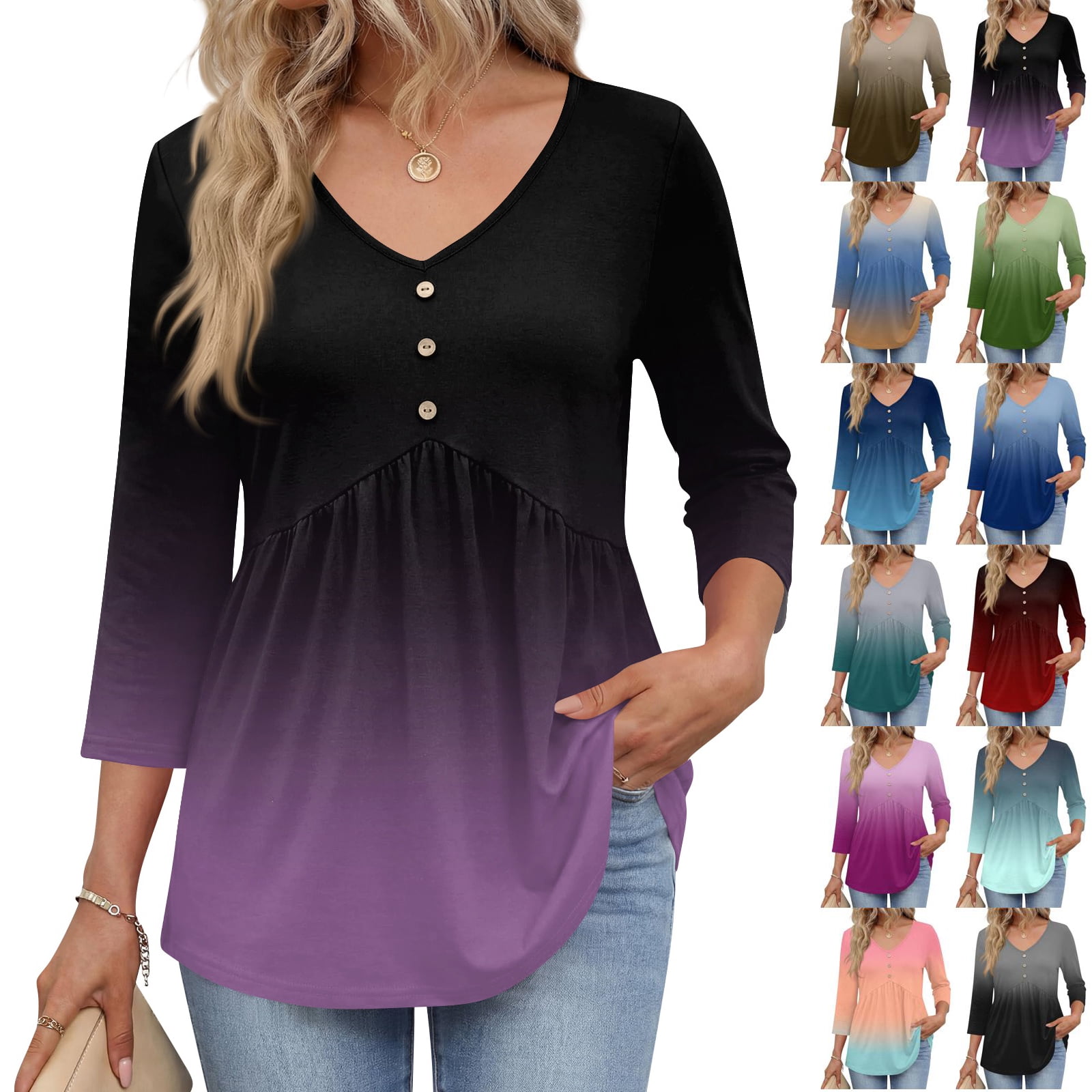 AHMOMEI Womens Tops 3/4 Sleeve Gradient Pleated V Neck Button Womens ...