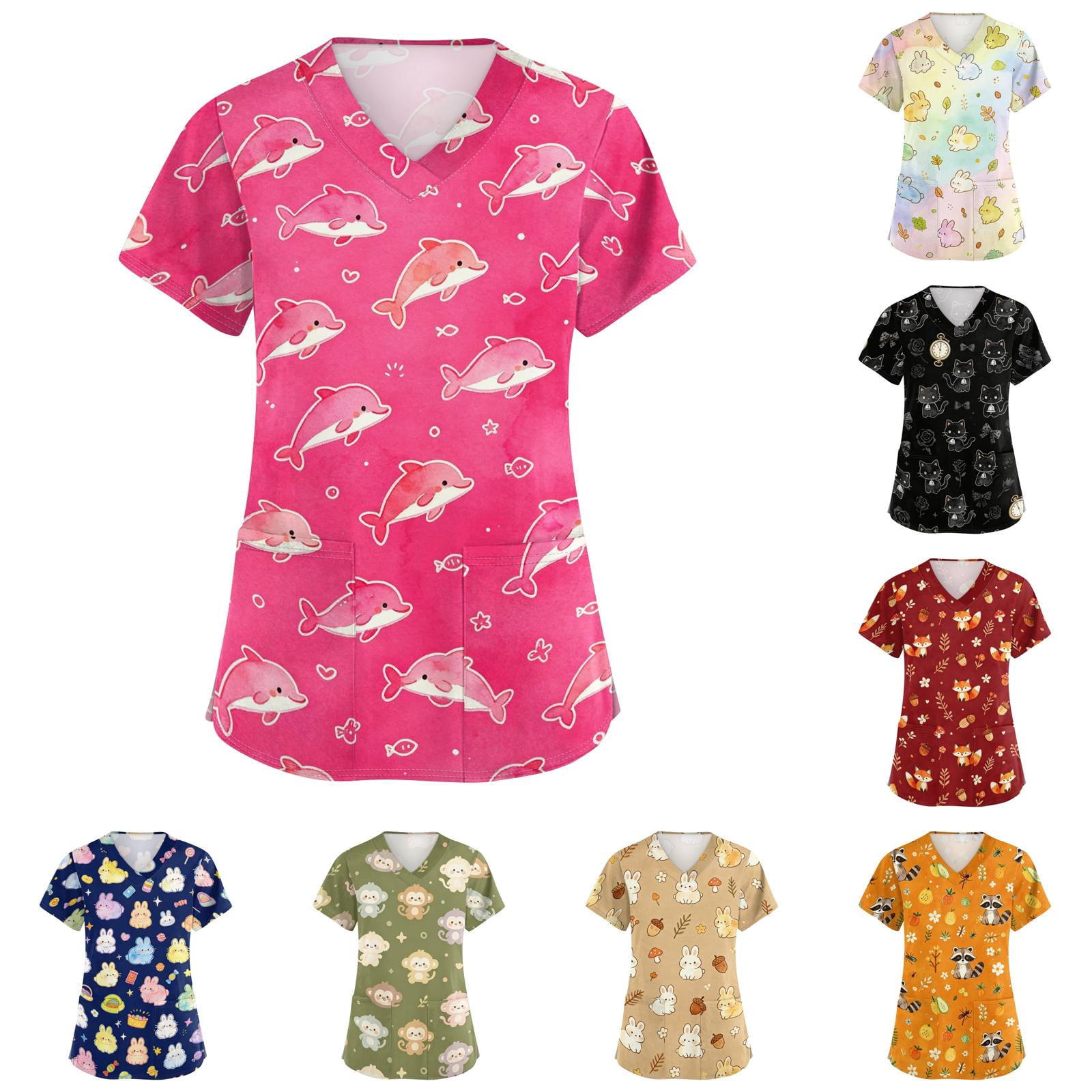 AHMOMEI Workwear Scrubs Women Stretchy Cartoon Animal Print Scrub Tops ...