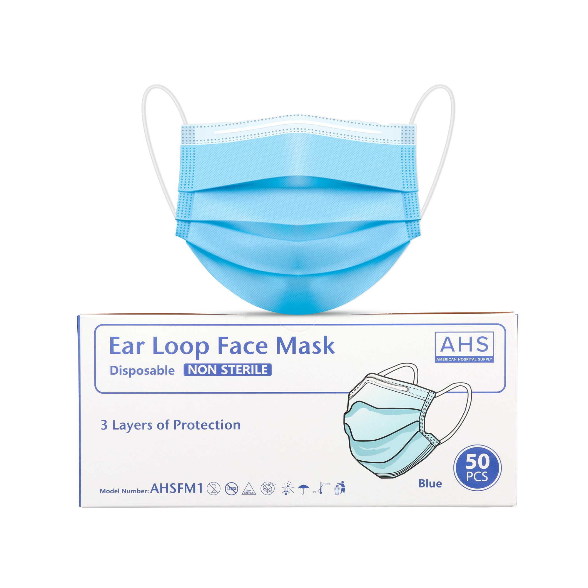 AHS American Hospital Supply | Earloop Disposable Face Mask | Box of 50 ...