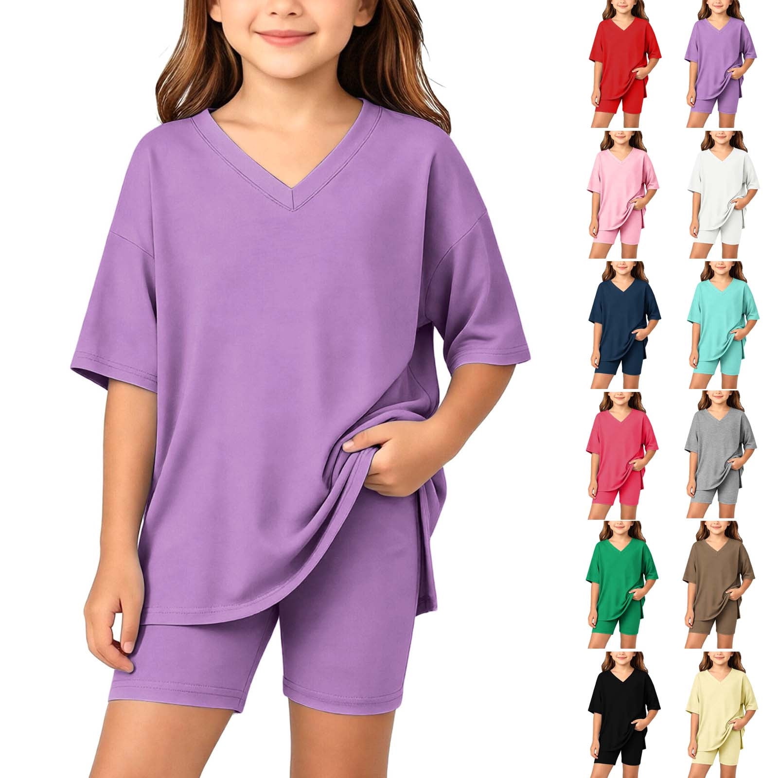 AHTJRT 2 Piece Sets for Girls V Neck Short Sleeve Basic Tees and Shorts ...