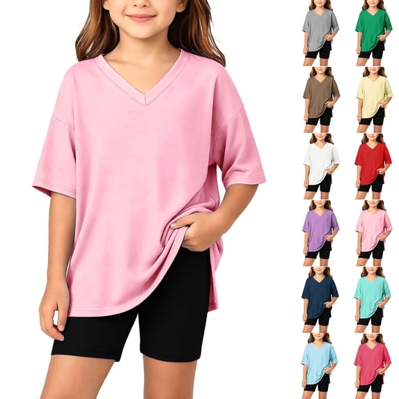 AHTJRT 2 Piece Sets for Girls V Neck Short Sleeve Basic Tees and Shorts ...