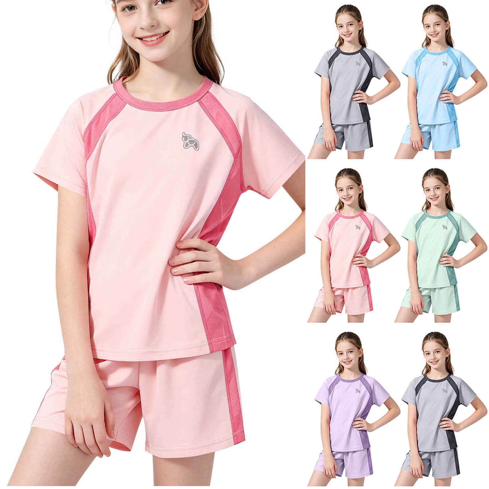 AHTJRT 2 Piece Workout Sets for Girls Color Block Short Sleeve T Shirt ...