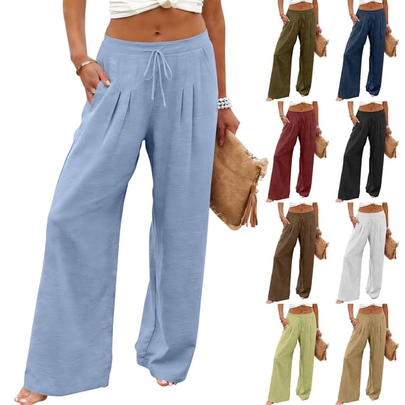 AHTJRT Baggy Wide Leg Pants for Women Drawstring Elastic Waist Casual ...