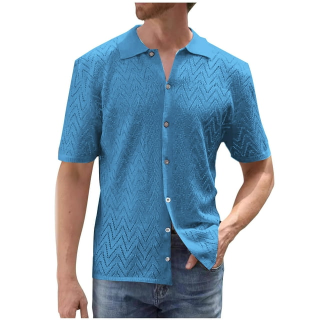 AHTJRT Big Tall Men's Casual Short Sleeve Button Down Shirt Zigzag Pattern Stylish Blouse Blue L ...