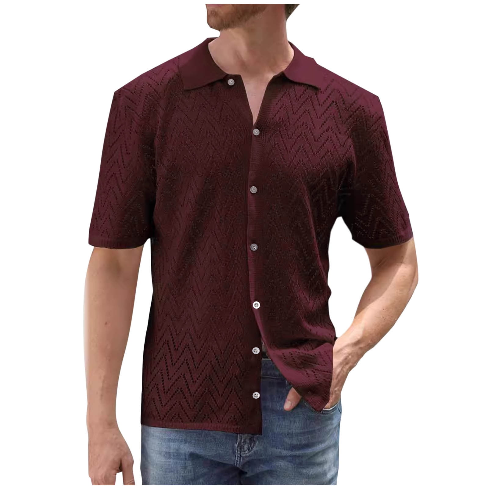 AHTJRT Big Tall Men's Casual Short Sleeve Button Down Shirt Zigzag Pattern Stylish Blouse Red M ...