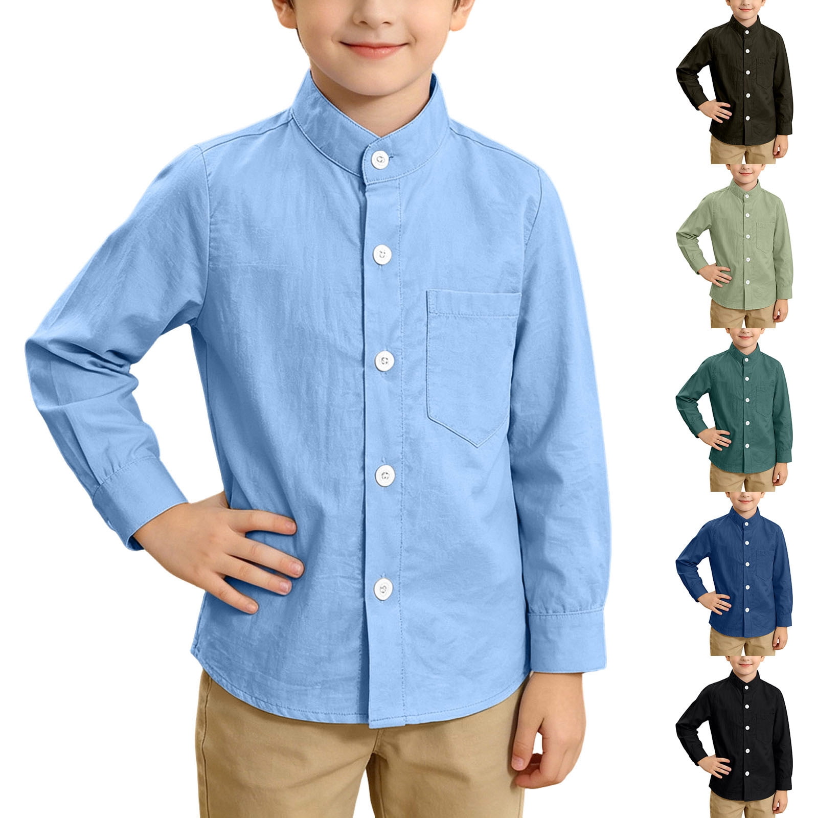 AHTJRT Boys Cotton Dress Shirt Stand Collar Button Down Solid Color ...