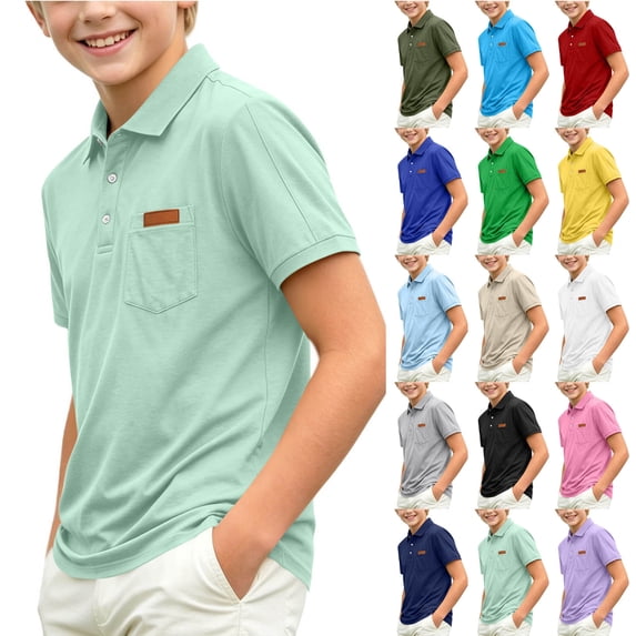 AHTJRT Boys Golf Shirts Collared Button Down Short Sleeve Pocket Tees ...