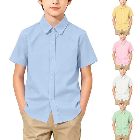 AHTJRT Boys School Uniform Shirts Solid Color Lapel Button Down Short ...