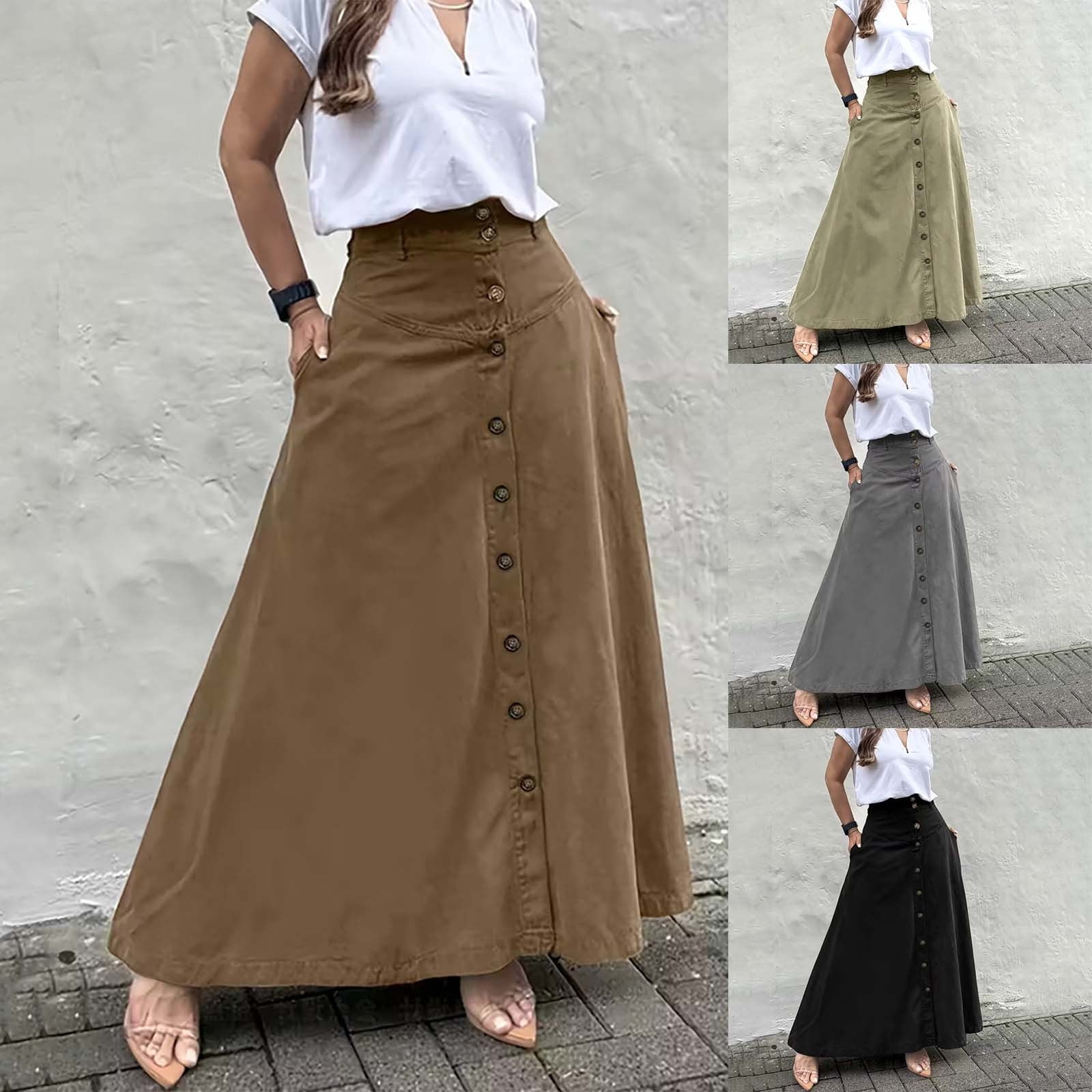 AHTJRT Button Down Maxi Skirts for Women High Waist A-Line Pleated Long ...