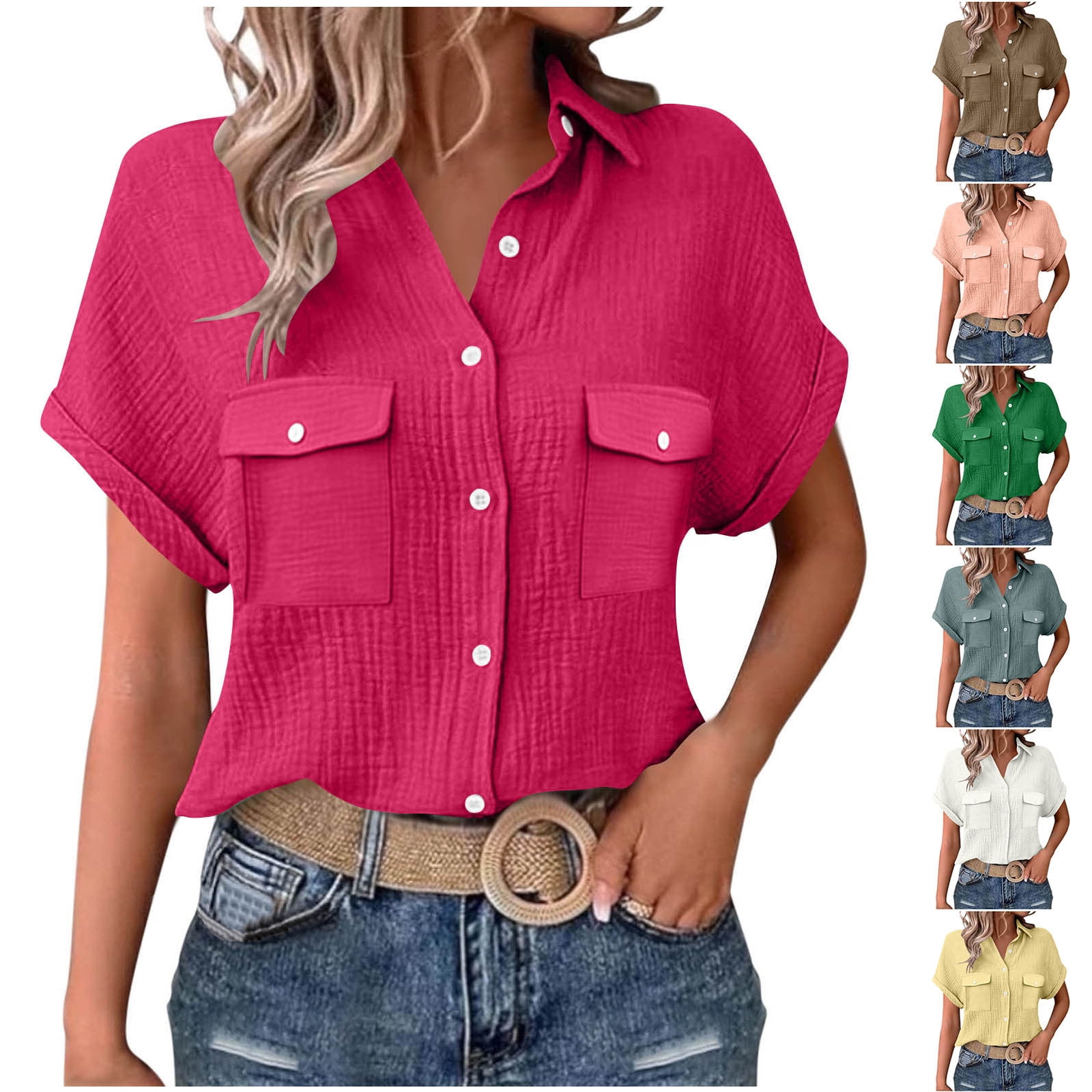 AHTJRT Button Down Shirt for Women Lapel Collar Short Sleeve Cotton ...
