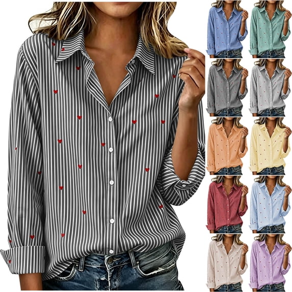 AHTJRT Button-Up Shirts for Women Lapel Collar Long Sleeve Fashion ...