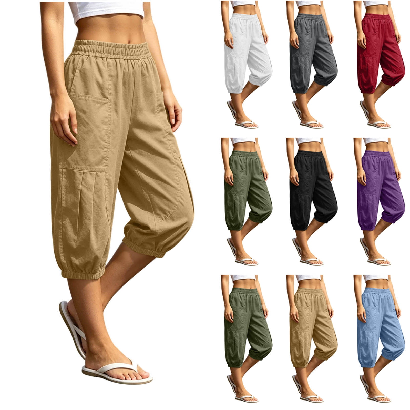 AHTJRT Capri Harem Pants for Women Baggy Loose Elastic Waist Crop ...