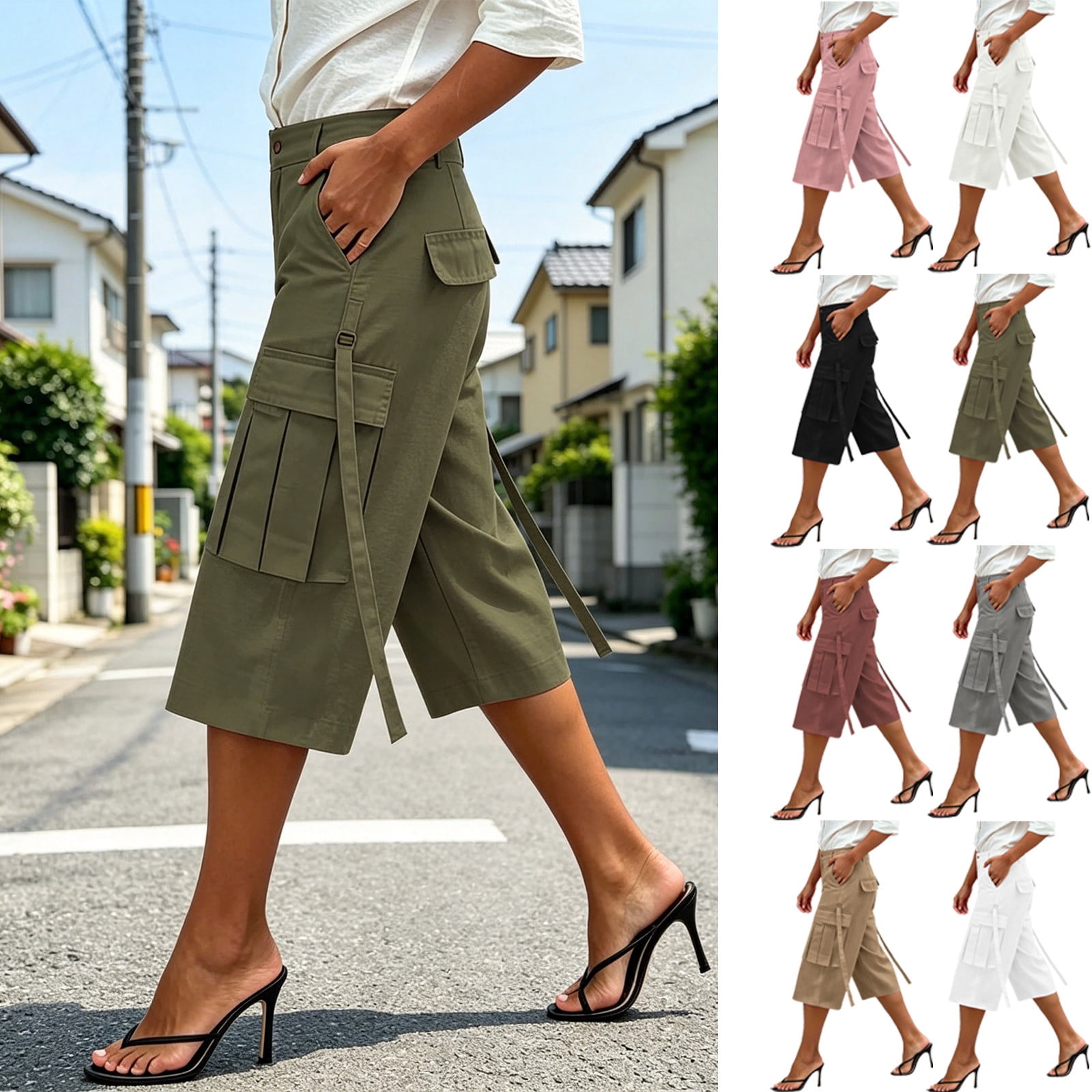 AHTJRT Cargo Capri Pants for Women High Waist Wide Leg Work Pants with ...